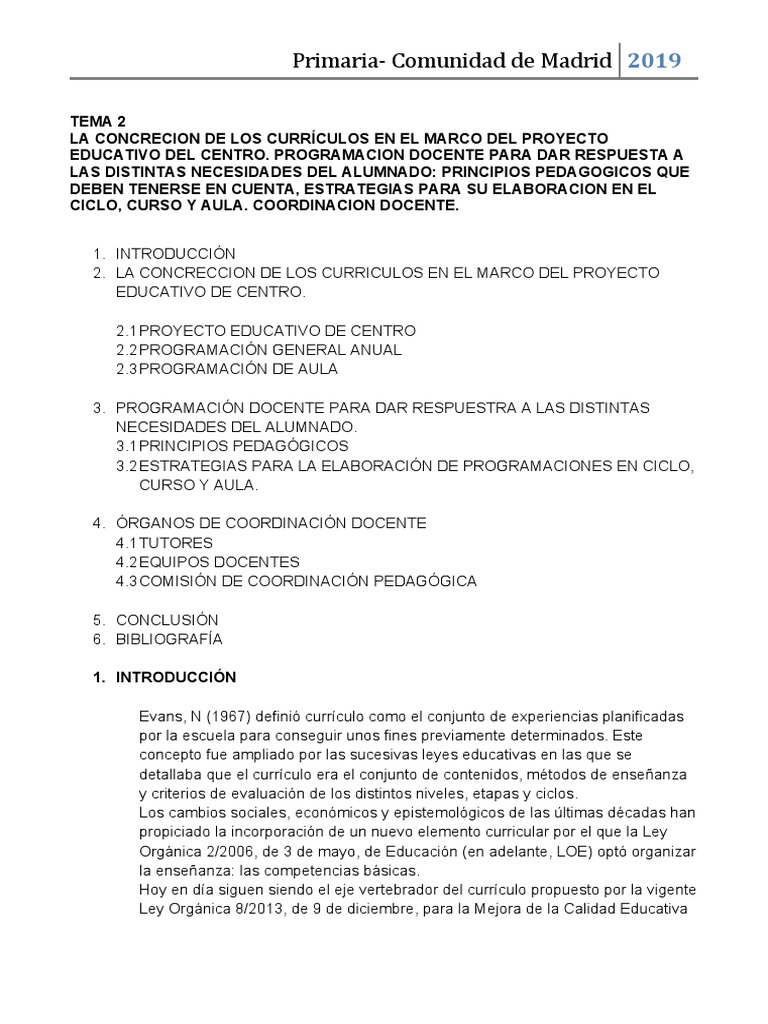 TEMA 2 Oposiciones Primaria Madrid | PDF | Plan de estudios | Educación ...