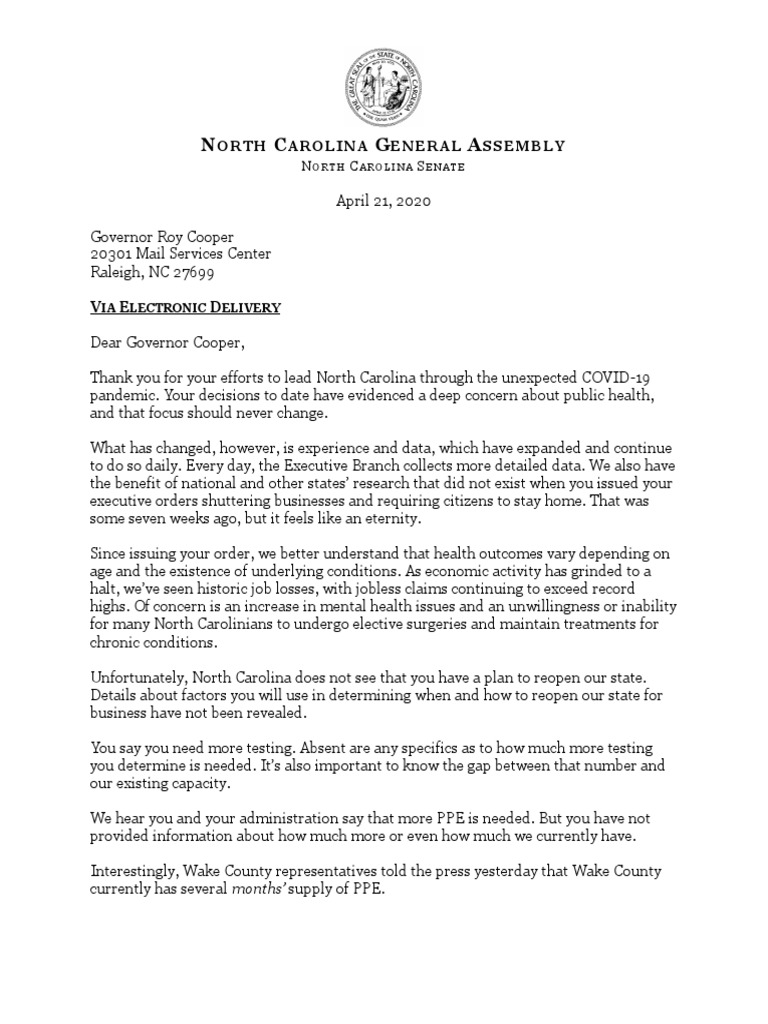 Caucus Letter To Gov Cooper | PDF | Wellness | Medical