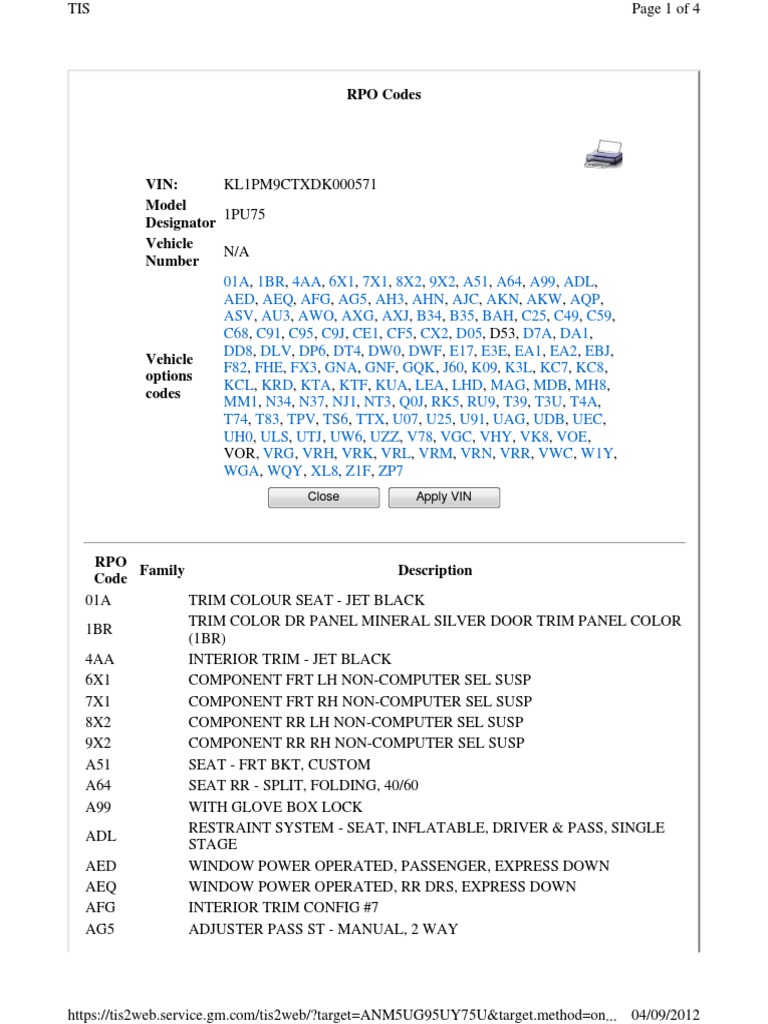 RPO Codes: Close Apply VIN | PDF | Vehicles | Vehicle Technology