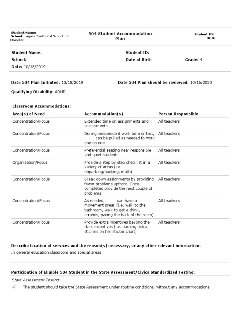 504 Sample | PDF | Classroom | Teachers