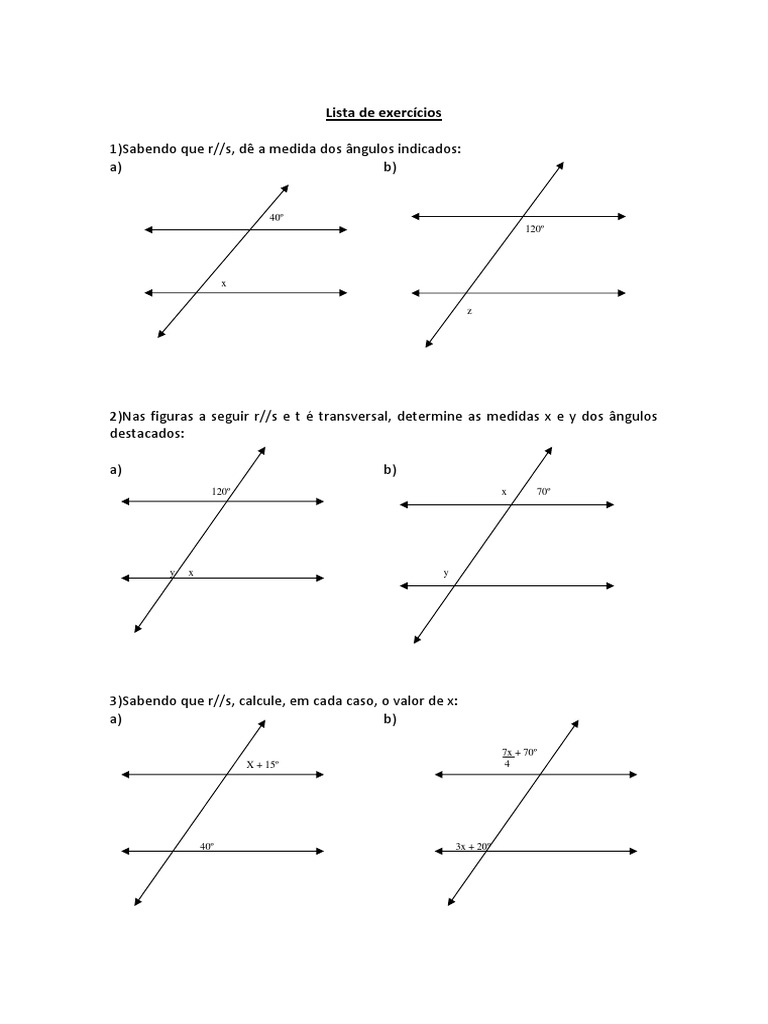 Lista de Exercícios - Paralelas Cortadas Por Transversal PDF | PDF ...