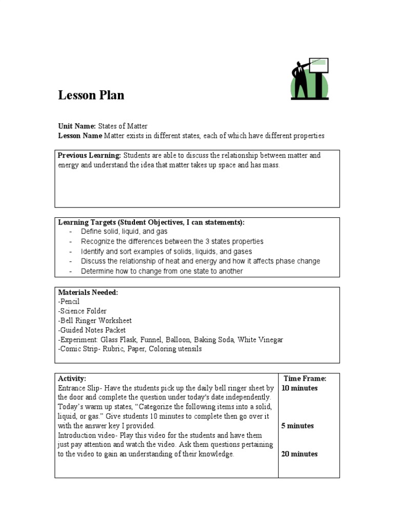 Lesson Plan: Unit Name: Lesson Name Previous Learning | PDF | Gases ...