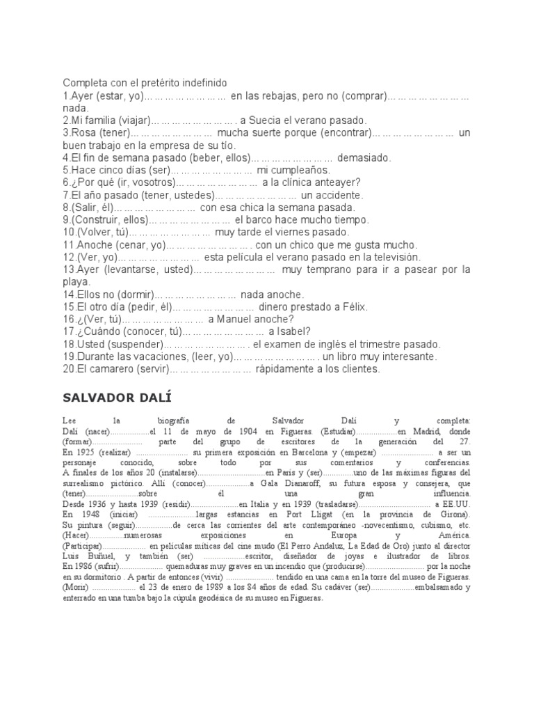 Ejercicios de Pretérito Indefinido y Biografía de Dalí | PDF | Salvador ...