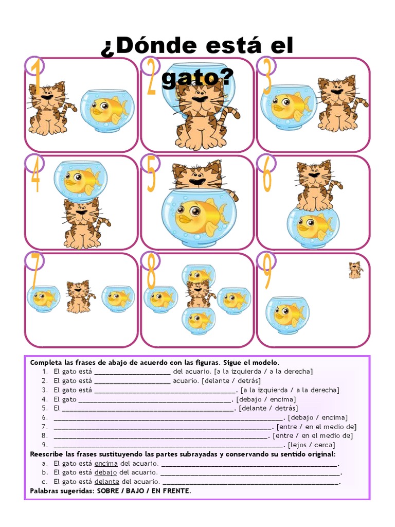 Donde Esta El Gato Actividades y Juegos Ejercicios de Gramatica Hoja ...
