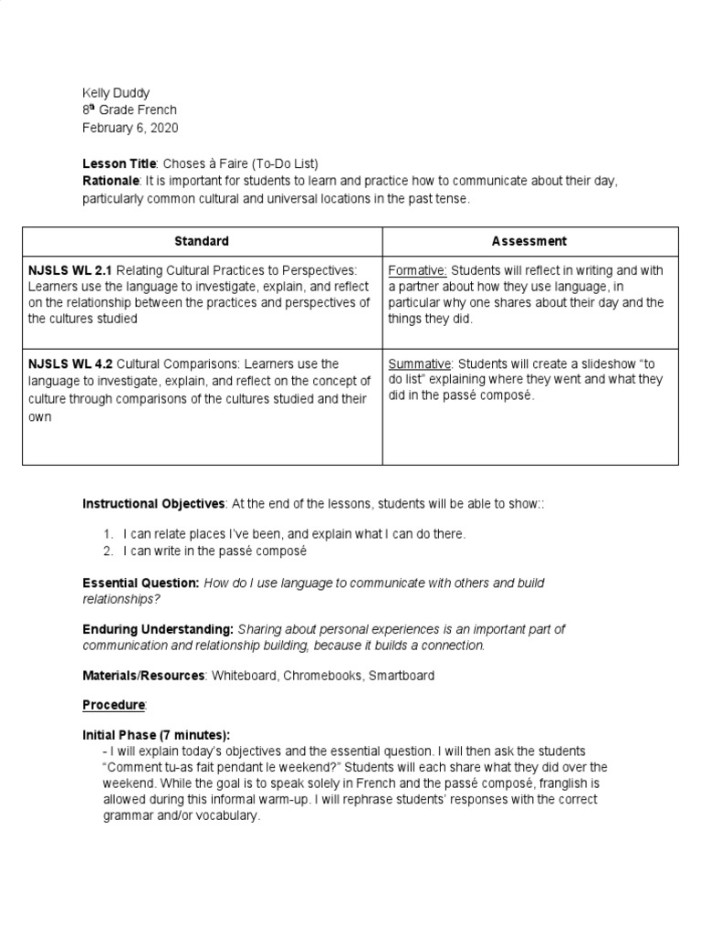 Kelly Duddy French Lesson Plan 1 1 | PDF | Individualized Education ...