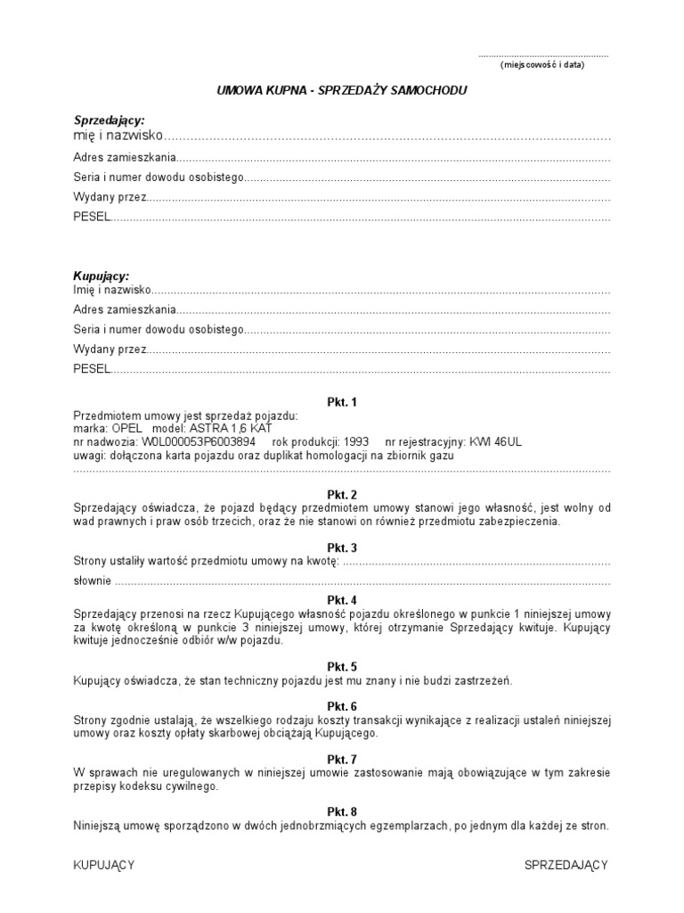 Umowa Kupna Sprzedazy Samochodu | PDF