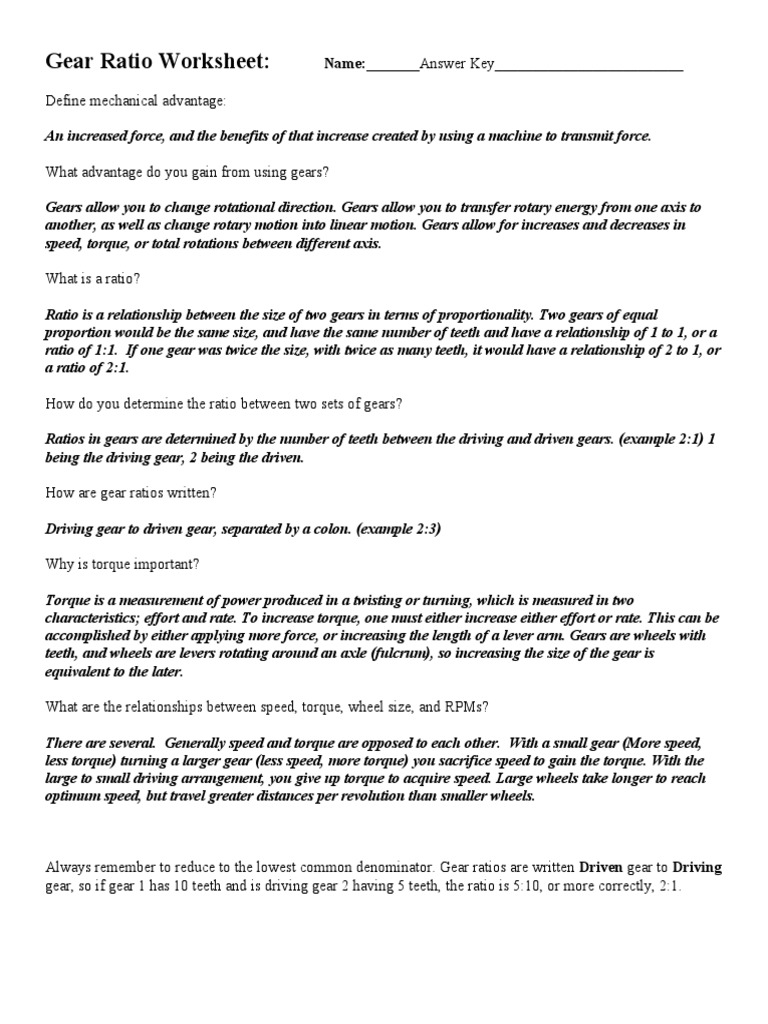 RAS - 5.1 - Gear Ratio Worksheet Answers | PDF | Gear | Torque