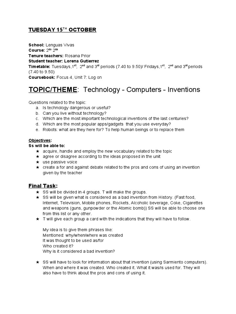 Technology Debate Lesson Plan | PDF | Communication | Learning