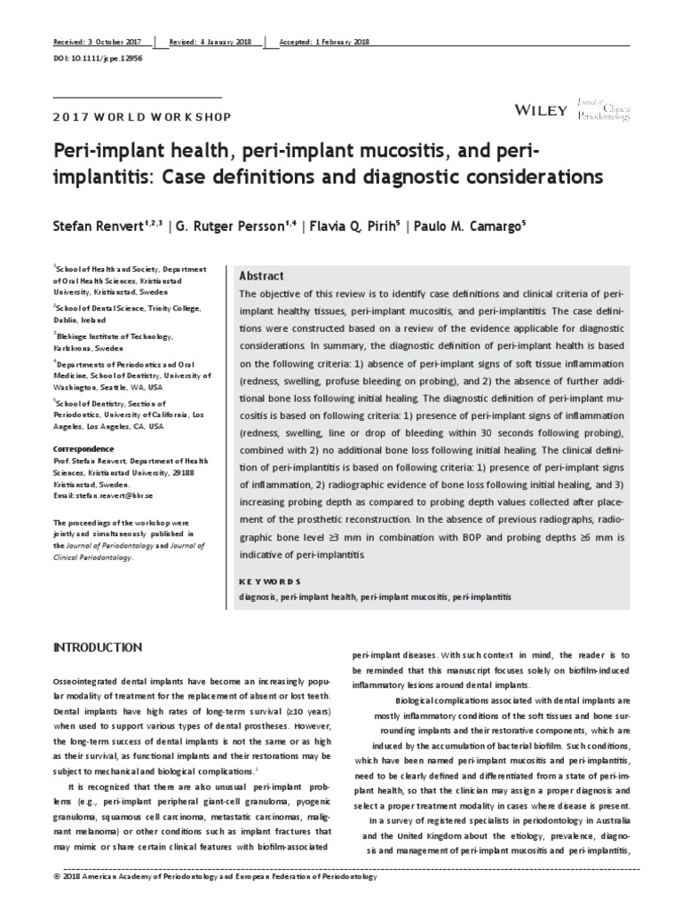Renvert Et Al (2018) - Peri Implant Health, Peri Implant Mucositis, and Peri Implantitis - Case ...