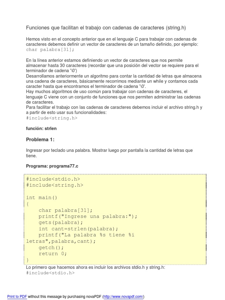 Funciones de cadenas en C: string.h | PDF | Cadena (informática) | Lenguaje de programación