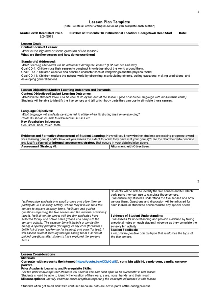 Five Senses Lesson Plan Headstart | PDF | Perception | Lesson Plan