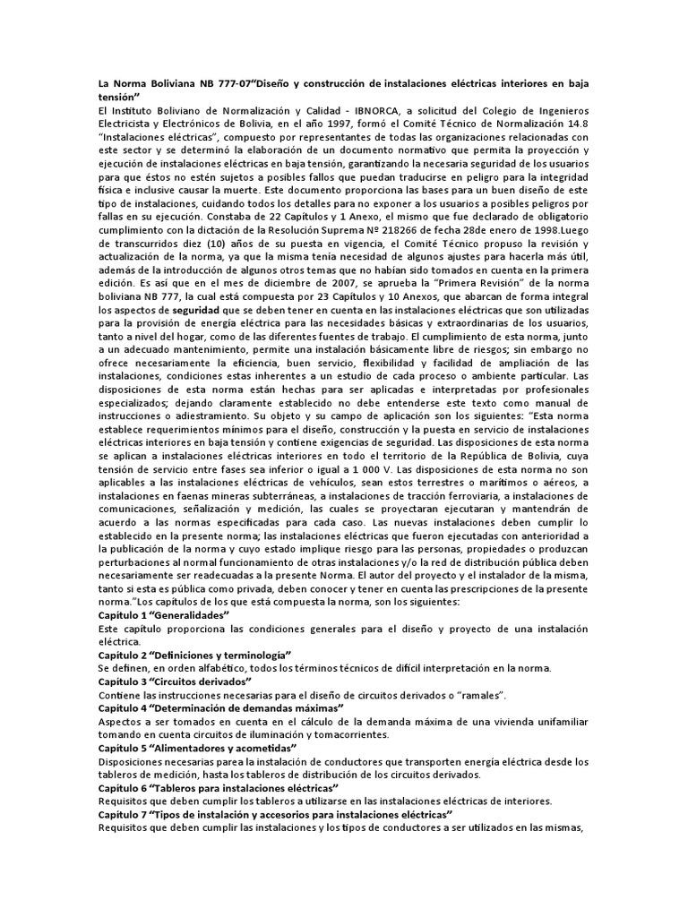 La Norma Boliviana NB 777 | PDF | Electricidad | Electromagnetismo La Norma Boliviana NB 777 | PDF | Electricidad | Electromagnetismo