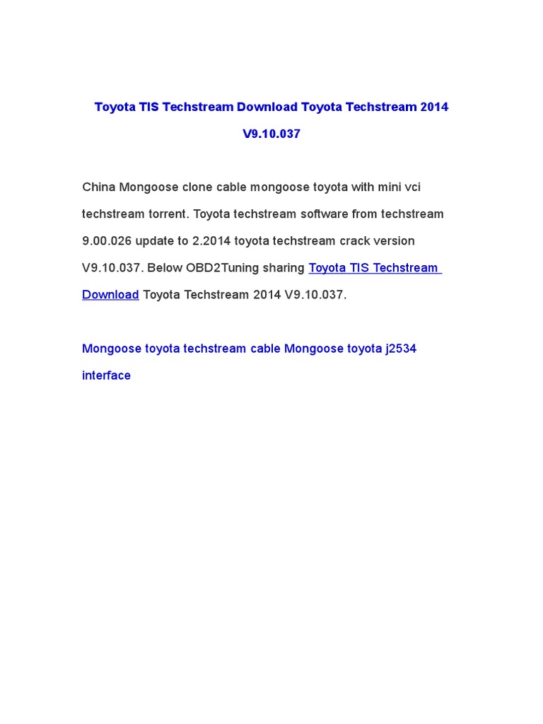 Toyota TIS Techstream Download Toyota Techstream 2014 V9.10.037 | PDF