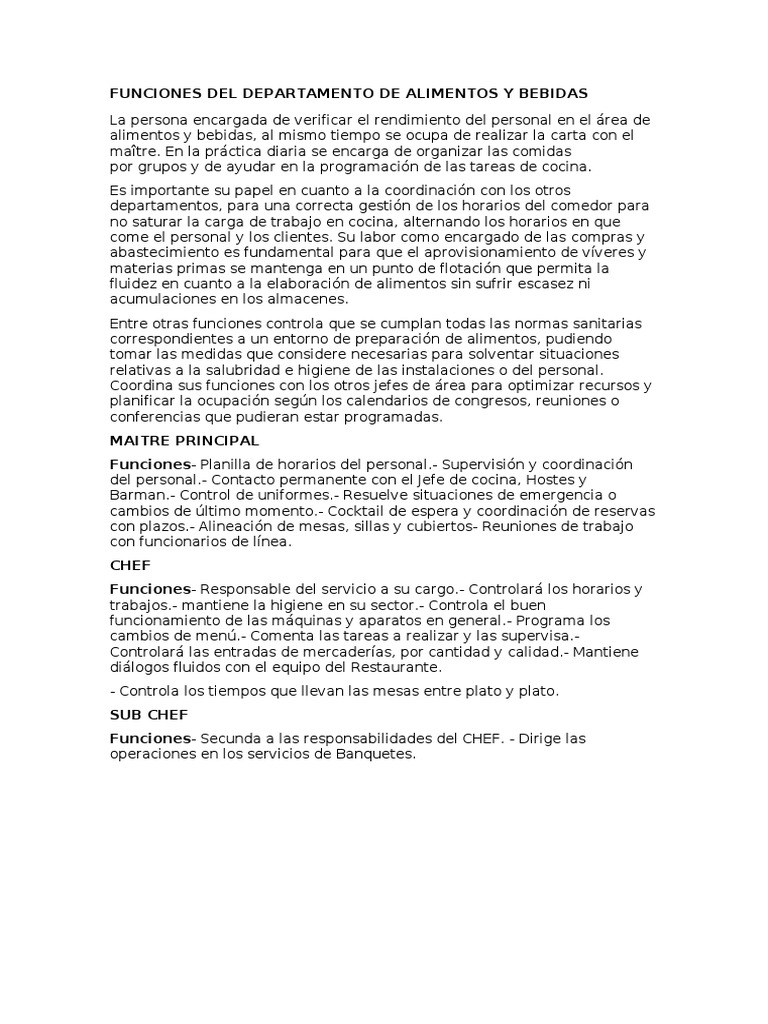 Funciones Del Departamento de Alimentos y Bebidas | PDF | Ingredientes ...