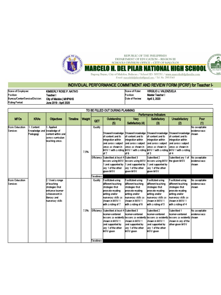 Individual Performance Commitment and Review Form (Ipcrf) For Teacher I ...