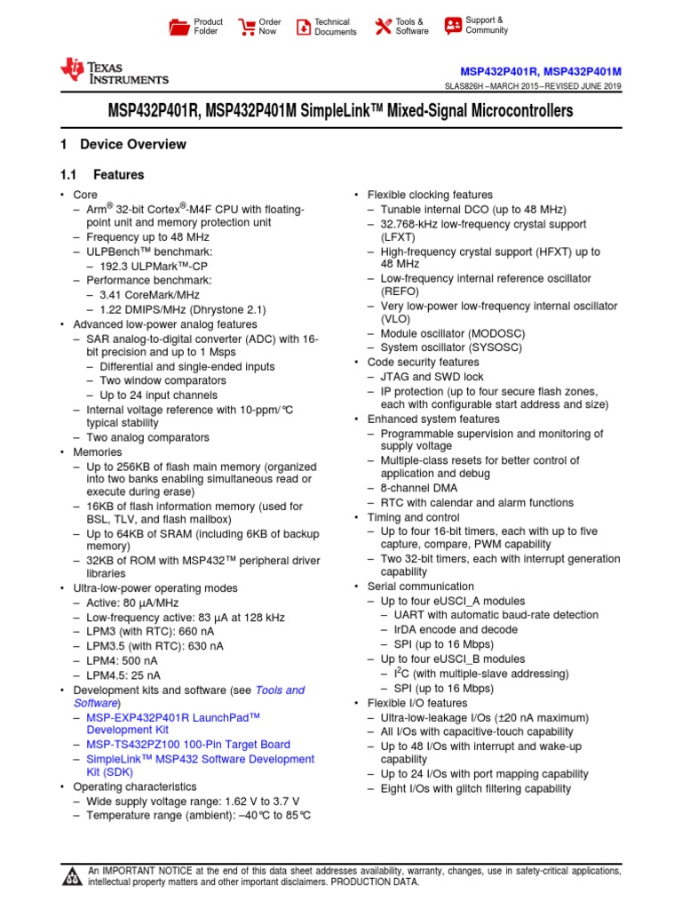 Datasheet MSP432P401R PDF | PDF | Microcontroller | Flash Memory