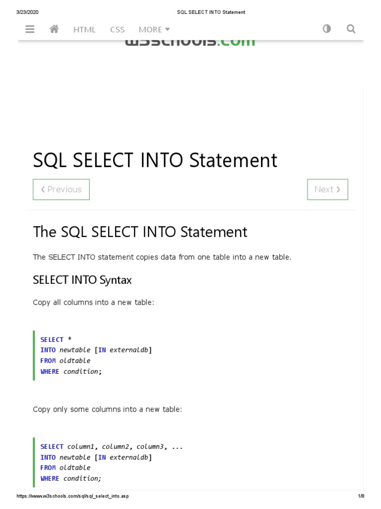 SQL SELECT INTO Statement | PDF | Bootstrap (Front End Framework ...