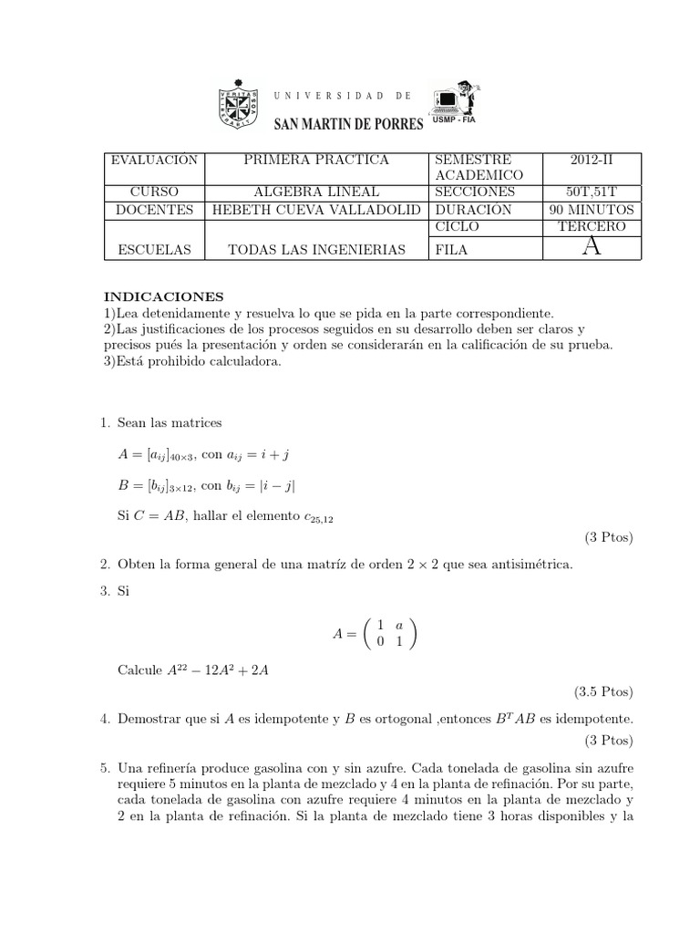 Simulacro de Primera Practica de Algebra Lineal | PDF | Álgebra | Álgebra lineal