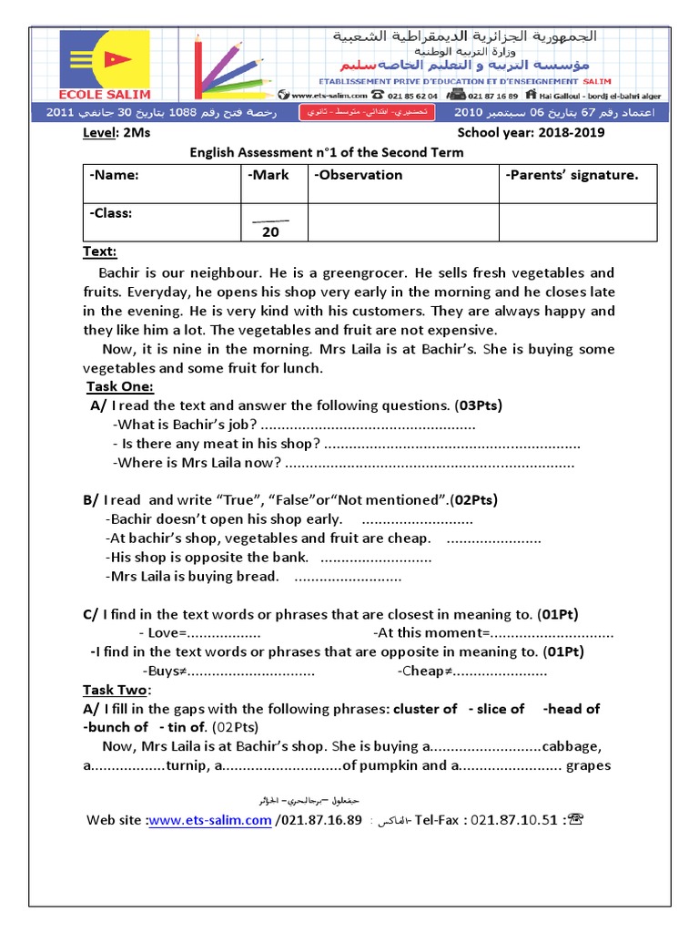 Level: 2Ms School Year: 2018-2019 English Assessment N°1 of The Second ...