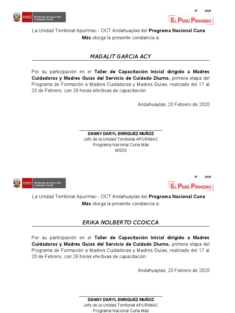 Certificado de Cuna Mas | PDF