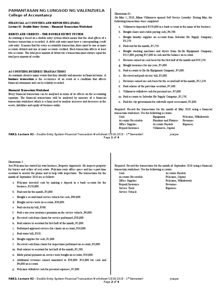 FAR1 - Lecture 02 Double Entry System - Financial Transation Worksheet ...