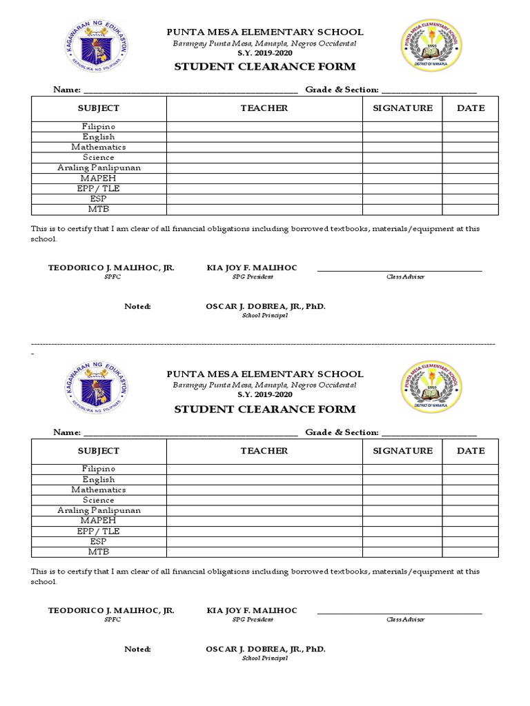 Student Clearance Form: Punta Mesa Elementary School | PDF | Cognition ...