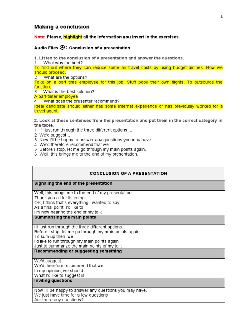 Making A Conclusion: 1. Listen To The Conclusion of A Presentation and ...