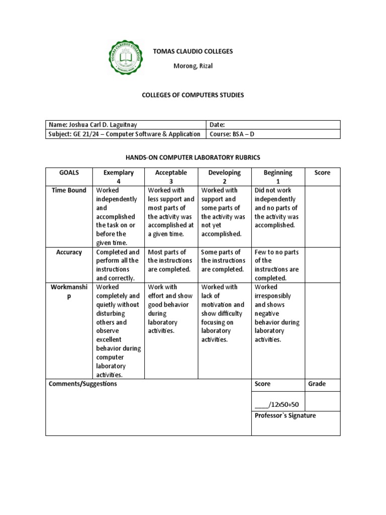 Hands-On Computer Laboratory Rubrics for Tomas Claudio Colleges | PDF ...