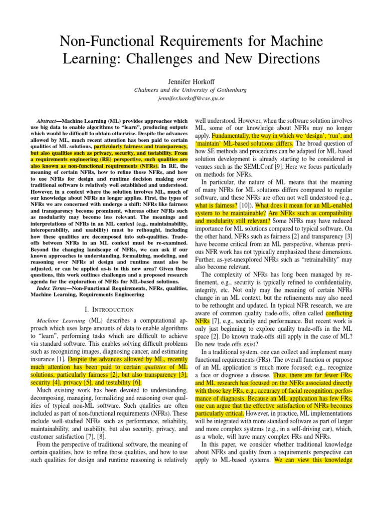 Non-Functional Requirements For Machine Learning: Challenges and New Directions | PDF ...