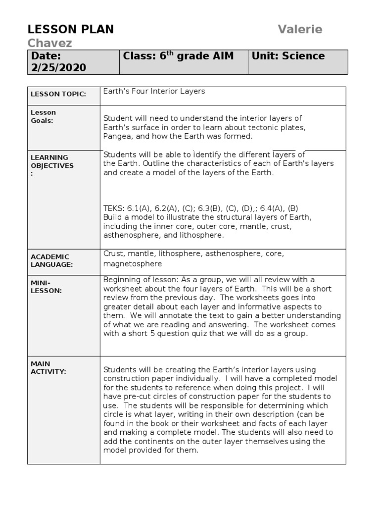 Lesson Plan: Valerie Chavez | PDF | Earth | Structure Of The Earth