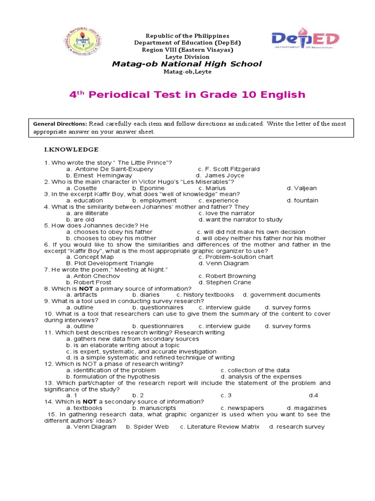 4 Periodical Test in Grade 10 English: Matag-Ob National High School ...