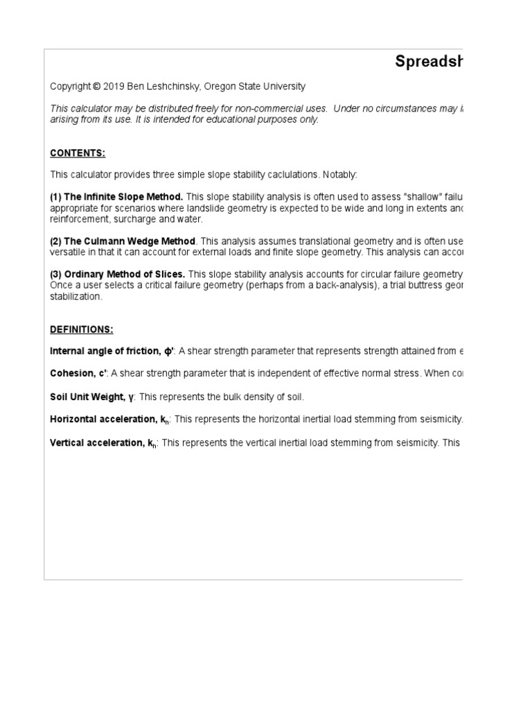 Spreadsheet Slope Stability Calculator | PDF | Landslide | Mechanical ...