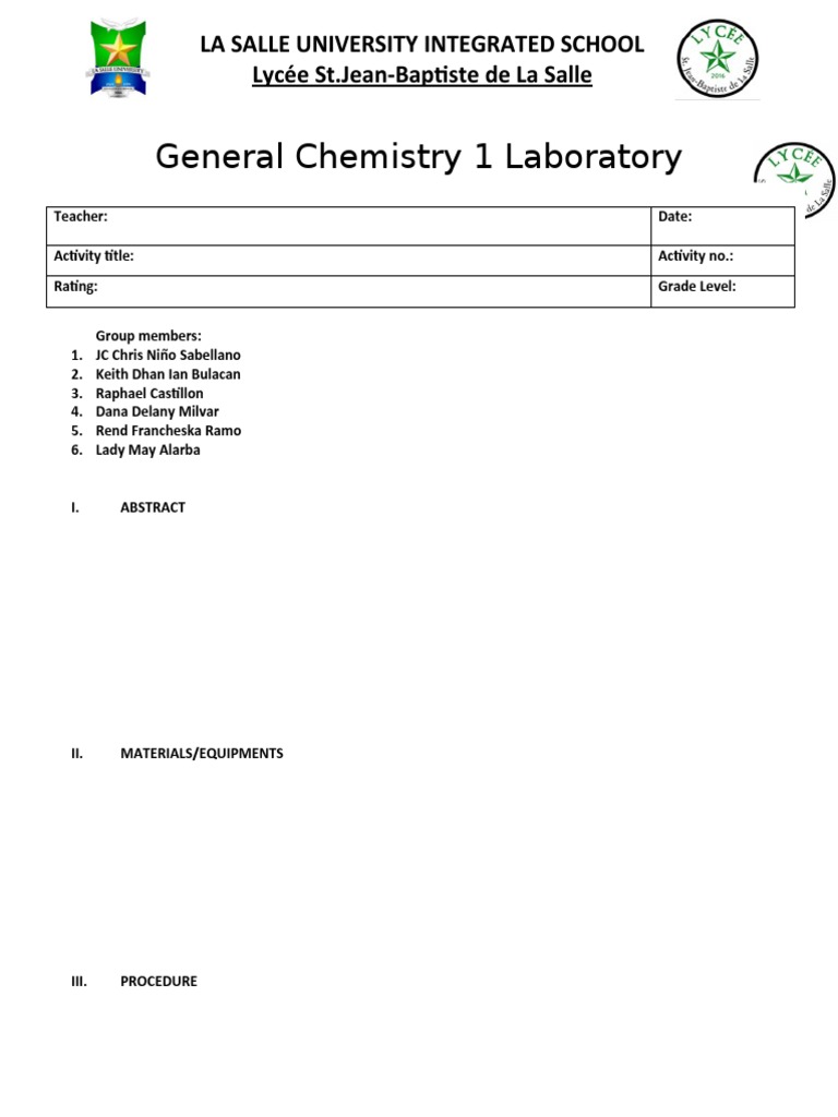 General Chemistry 1 Laboratory: La Salle University Integrated School ...