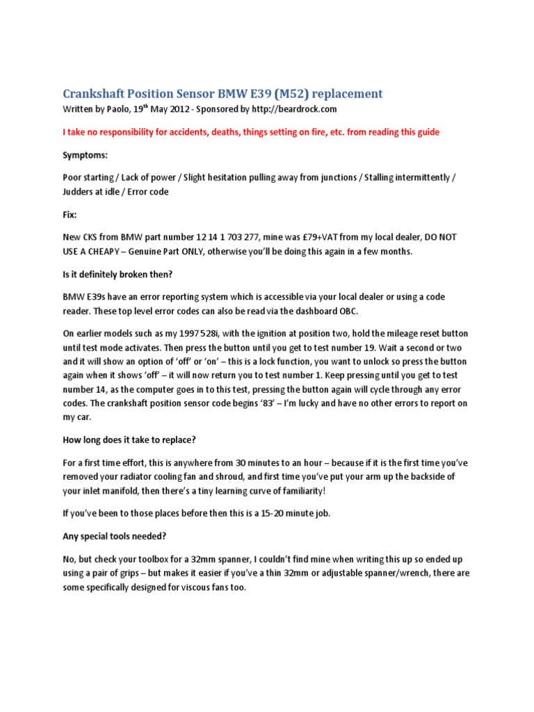 Crankshaft Position Sensor BMW E39 PDF | PDF | Electrical Connector ...