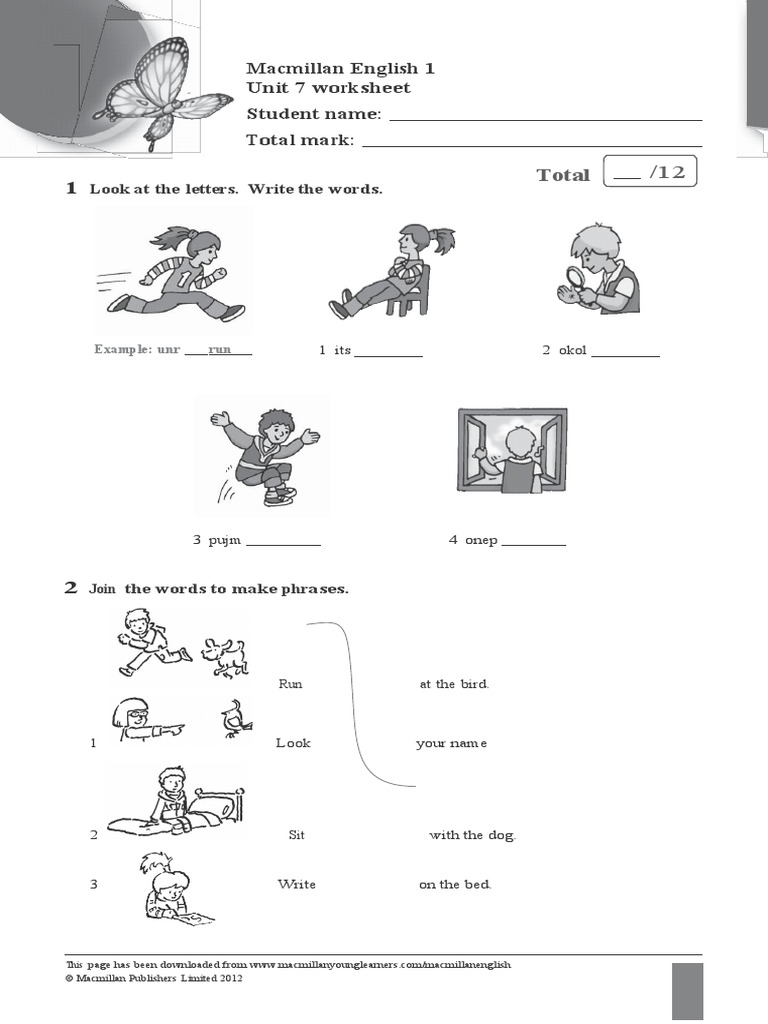 Total /12: Macmillan English 1 Unit 7 Worksheet Student Name: Total ...