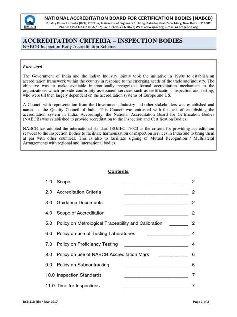 BCB 110 (IB) - NABCB Accreditation Criteria For IBs - Mar 2017 PDF | PDF | Calibration | Metrology