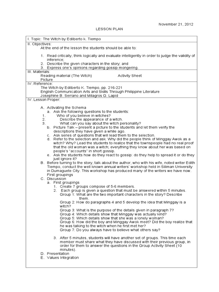 Demo - 112112 - Lesson Plan The Witch | PDF | Cognition | Epistemology
