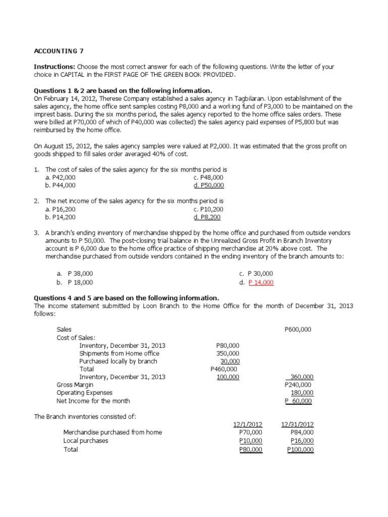 Accounting 7 Instructions: Choose The Most Correct Answer For Each of ...