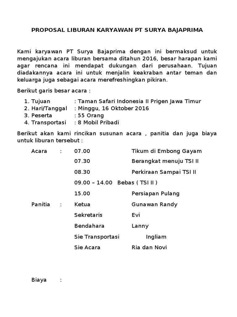 Proposal Liburan Karyawan PT Surya Bajaprima | PDF