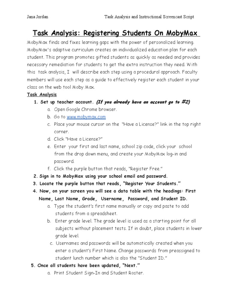 MobyMax Student Registration Guide | PDF | Password | Spreadsheet