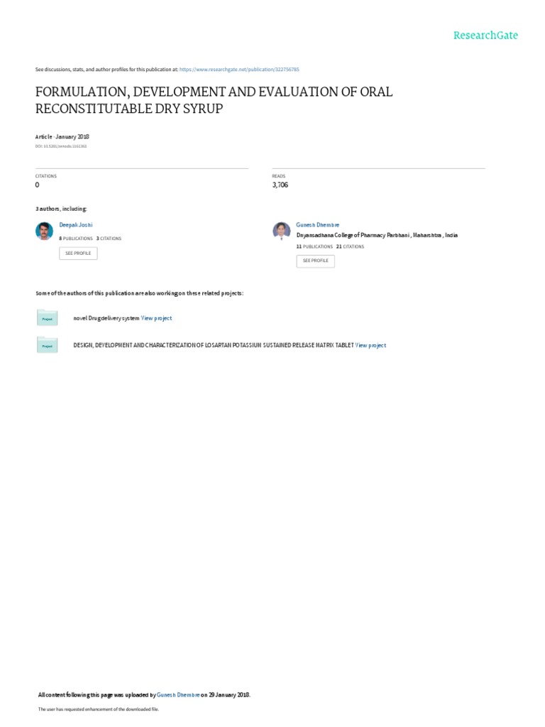 Formulation, Development and Evaluation of an Oral Reconstitutable Dry ...