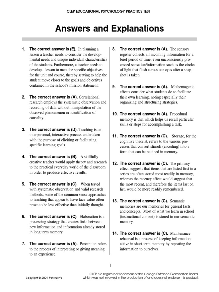 Answers and Explanations: Clep Educational Psychology Practice Test ...