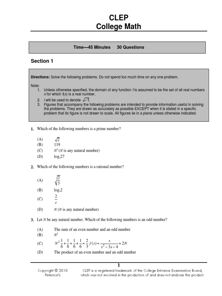 Clep College Math: Section 1 | PDF | Numbers | Mathematical Analysis