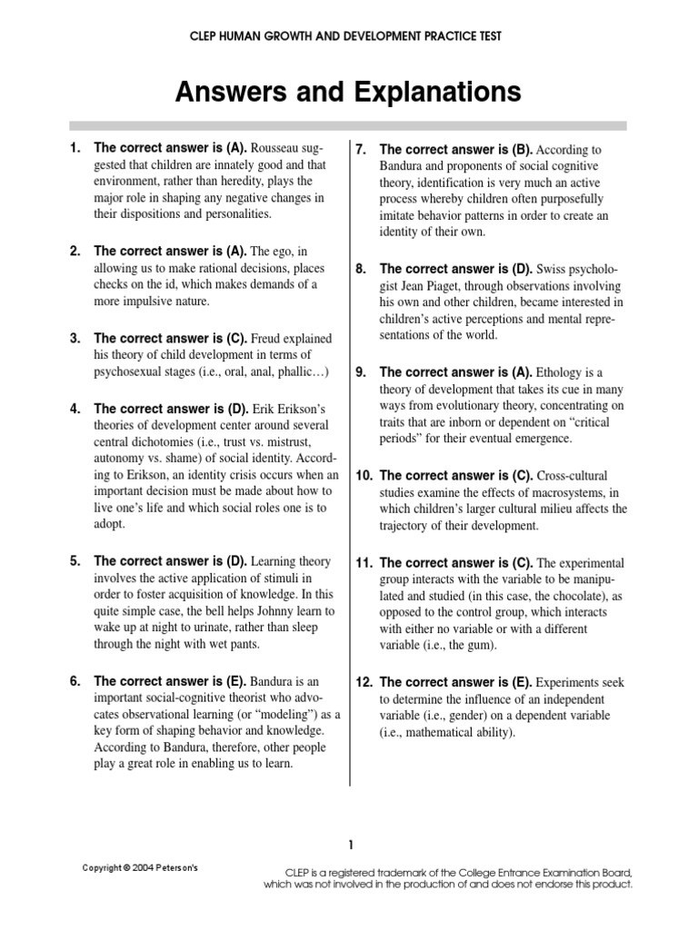 Answers and Explanations: Clep Human Growth and Development Practice ...