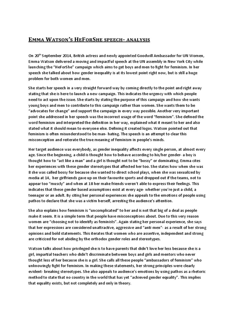 HE FOR SHE Emma Watson Analysis | PDF | Gender Role | Gender