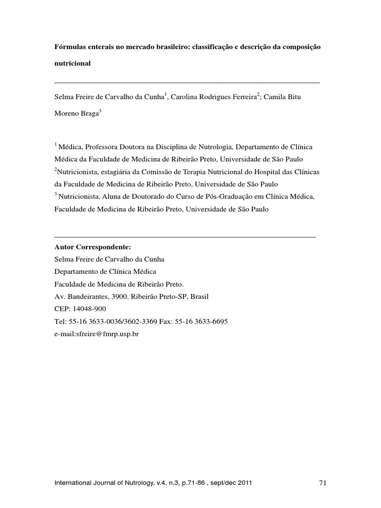 Classificação e descrição da composição nutricional das fórmulas ...