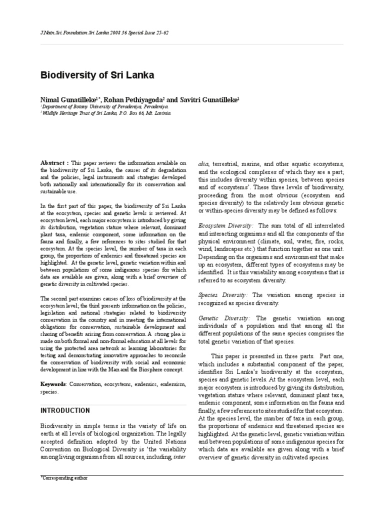 Biodiversity of Sri Lanka | PDF | Biodiversity | Conservation Biology