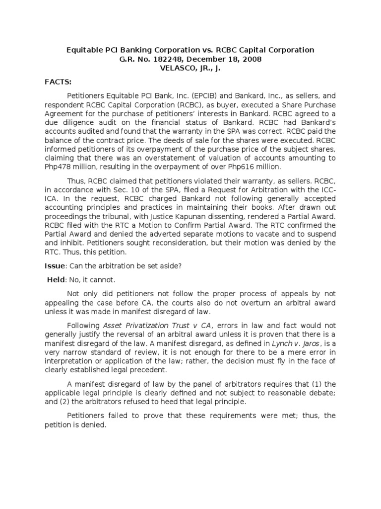 Equitable PCI Banking Corporation Vs RCBC | PDF | Arbitration ...