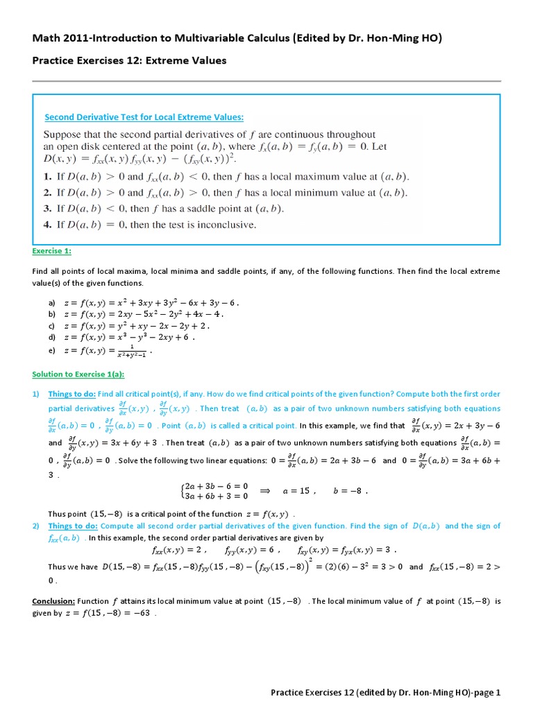 Math 2011-Introduction To Multivariable Calculus (Edited by Dr. Hon-Ming HO) Practice Exercises ...