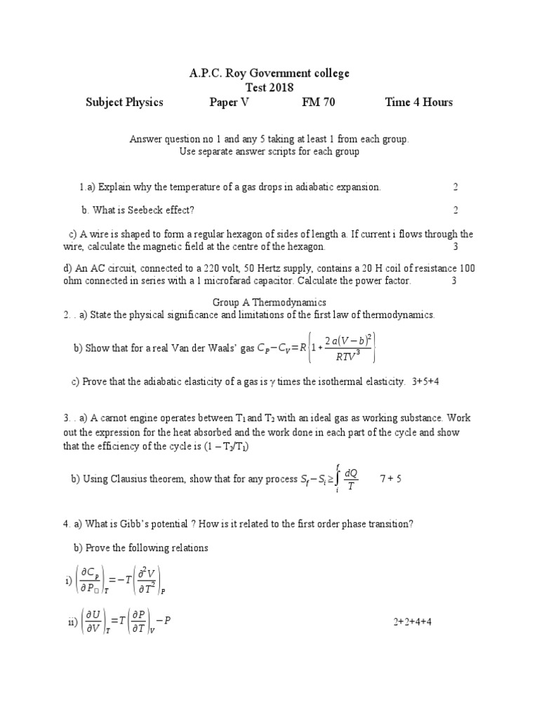 A.P.C. Roy Government College Test 2018 Subject Physics Paper V FM 70 ...